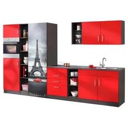 Küchenzeile KOCHSTATION "KS-Paris", rot (küche: rot, korpus: grafit, arbeitsplatte: anthrazit), B:340cm T:60cm, Komplettküchen-Sets, ohne E-Geräte, Breite 340 cm