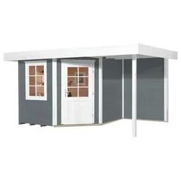 Gartenhaus Weka "Designhaus 213 Plus", grau (grau, weiß), Fußboden im Gartenhaus, Rückwand, ohne Dacheindeckung, Holzwerkstoff, Gartenhäuser, mit Anbaudach und Rückwand