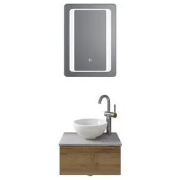 Badmöbel-Set SAPHIR "Serie 6915", grau (riviera eiche, oxid hellgrau), B:51cm H:200cm T:35cm, Kastenmöbel-Sets, Gäste-Bad, 51 cm breit, mit LED-Spiegel und 1 Tür