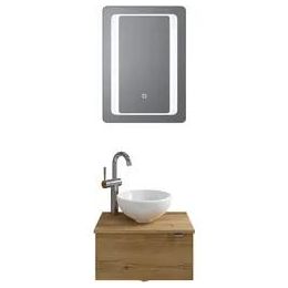 Badmöbel-Set SAPHIR "Serie 6915", braun (halifax eiche, halifax eiche), B:51cm H:200cm T:35cm, Kastenmöbel-Sets, Gäste-Bad, 51 cm breit, mit LED-Spiegel und 1 Tür