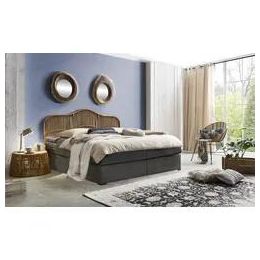 SIT-MÖBEL Boxspringbett SIT, grau (dunkelgrau, natur), B:200cm L:204cm, Massivholz, Polyester, Komplettbetten, Boxspringbett, Mit Rattan-Kopfteil