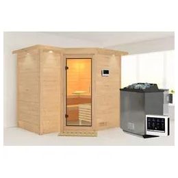 Sauna Karibu "Sanna 2", beige (naturbelassen), Bio-Kombiofen, externe Steuerung, 9 kW, Saunen, Ofen 9 kW Bio externe Strg easy