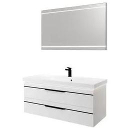 Badmöbel-Set SAPHIR "Balto 2-teilig Mineralmarmor-Waschtisch mit LED-Spiegel, 123 cm breit", weiß (weiß hochglanz mit schwarzer einlage), B:123cm H:200cm T:50,8cm, Spanplatte, Kastenmöbel-Sets, Waschplatz mit 2 Schubladen, Badschrank inkl. Schubladendämpfer