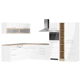 Winkelküche KOCHSTATION "KS-Wien", küche: weiß, front: hochglanz weiß, korpus: weiß, arbeitsplatte: eiche sonoma, B:220cm H:200cm T:340cm, Komplettküchen-Sets, Stellbreite 220 x 340 cm, wahlweise mit E-Geräten