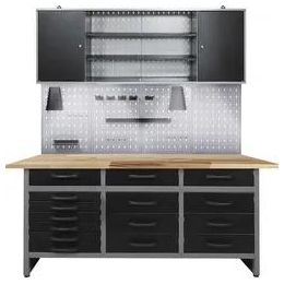 Werkstatt-Set ONDIS24 "Konny", schwarz (anthrazit, grau, schwarz), B:160cm H:205cm T:60cm, Edelstahl, Werkbänke, 160 cm, inkl. Hakenset