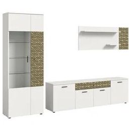 Wohnwand Inosign "Vicenza, 3-teilig, bestehend aus: Vitrine, Lowboard, Wandboard", gold (weiß, goldfarben), B:305cm H:195cm T:37cm, Glas, Holzwerkstoff, MDF, Kastenmöbel-Sets, mit Ornamentabsetzung, Kombination, Anbauwand, TV-Wand, Schrankwand