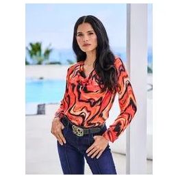 Druckbluse Heine, Damen, Gr. 34, orange (orange, schwarz, bedruckt), 100% Viskose, Batikmuster, bedruckt, gemustert, mehrfarbig, Wasserfallausschnitt, Blusen