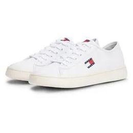 Plateausneaker Tommy Jeans "TJW LIGHTWEIGHT COURT SNEAKER", Damen, Gr. 39, weiß, Leder, unifarben mit Farbeinsatz, Schuhe, Freizeitschuh, Halbschuh, Schnürschuh mit plakativer Logoflag