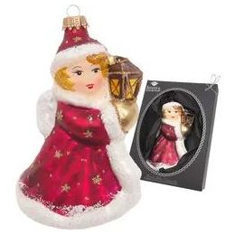 Christbaumschmuck KREBS GLAS LAUSCHA "Engel mit Laterne, goldene Sterne", rot, B:10cm H:10cm T:12cm, Glas, Weihnachtsbaumschmuck, Christbaumschmuck aus Glas, mundgeblasen, handgefertigt, Engelsfigur