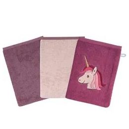 Wörner Waschhandschuh WÖRNER "Einhorn", mauve, B:15cm L:21cm, Frottee, Handtücher, 3er-Set, mit Stickerei