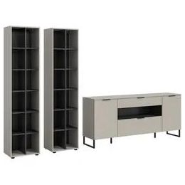 Wohnwand Inosign "ADIO, Breite 305 cm, 3-teiliges Set, mit Metall-Kufenfüße", kashmir nb, schwarz, B:305cm H:192cm T:41cm, Spanplatte, Kastenmöbel-Sets, Kombination, Anbauwand, Set, Wohn-Set, Wohnzimmer-Set, Schrankwand