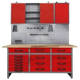 Werkstatt-Set ONDIS24, rot (anthrazit, rot), B:160cm H:205cm T:60cm, Edelstahl, Werkbänke, 160 cm, mit LED