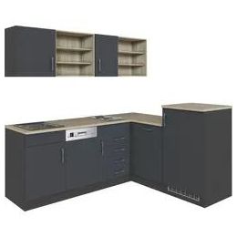 Küche KOCHSTATION "KS-Mali", grau (küche: grau, front: anthrazit, korpus: grau, arbeitsplatte: eiche sonoma), B:210cm H:200cm T:60cm, Komplettküchen-Sets, Stellbreite 210/170 cm, mit E-Geräten