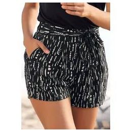 Webshorts s.Oliver, Damen, Gr. 38, N-Gr, beige (schwarz, beige, bedruckt), Web, Obermaterial: 100% Viskose, bedruckt, figurumspielend kurz, Hosen Shorts Strandshorts, mit Alloverprint und Bindegürtel, kurze Hose, lockere Passform