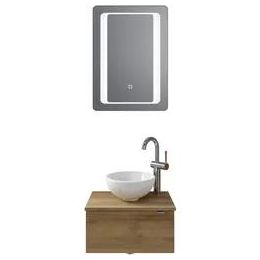 Badmöbel-Set SAPHIR "Serie 6915", braun (riviera eiche, riviera eiche), B:51cm H:200cm T:35cm, Kastenmöbel-Sets, Gäste-Bad, 51 cm breit, mit LED-Spiegel und 1 Tür