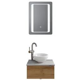 Badmöbel-Set SAPHIR "Serie 6915", grau (riviera eiche, oxid hellgrau), B:51cm H:200cm T:35cm, Kastenmöbel-Sets, Gäste-Bad, 51 cm breit, mit LED-Spiegel und 1 Tür