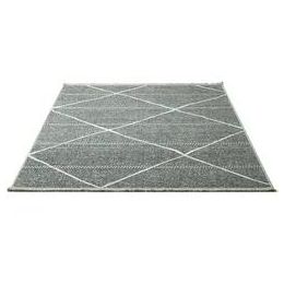Teppich Sansibar "Braderup", grau (anthrazit), B:80cm H:2mm L:150cm, Schurwolle, Teppiche, Teppich, Flachgewebe, modernes Scandi Design, Motiv Rauten, mit Fransen