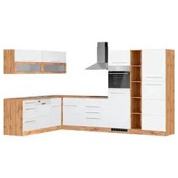 Winkelküche KOCHSTATION "KS-Wien", küche: weiß, front: weiß, korpus: wotaneichefarben, arbeitsplatte: wotaneichefarben, B:220cm H:200cm T:340cm, Komplettküchen-Sets, Stellbreite 220 x 340 cm, wahlweise mit E-Geräten