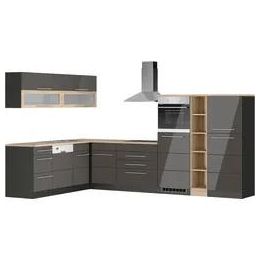 Winkelküche KOCHSTATION "KS-Wien", küche: grau, front: hochglanz grau, korpus: grafit, arbeitsplatte: eiche sonoma, B:220cm H:200cm T:340cm, Komplettküchen-Sets, Stellbreite 220 x 340 cm, wahlweise mit E-Geräten