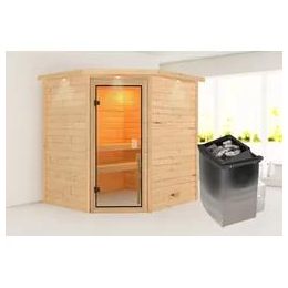 Sauna Karibu ""Trixi" mit bronzierter Tür und Kranz, naturbelassen", beige (naturbelassen), Saunaofen, integrierte Steuerung, 400 kW, Saunen, aus hochwertiger nordischer Fichte