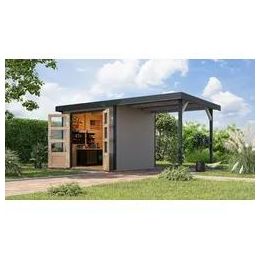 Gartenhaus Karibu ""Jupiter 3 D" SET wassergrau, mit Anbaudach 2,35 m breit", grau (wassergrau, anthrazit), ohne Fußboden, ohne Rück- und Seitenwand, Holz, Stahl, Gartenhäuser, hochwertige Materialien: nordische Fichte, Stahlecken, Trapezblechdach