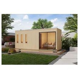 Saunahaus Karibu ""Montana" naturbelassen", beige (naturbelassen), Saunaofen, externe Steuerung, 400 kW, Saunen, aus hochwertiger nordischer Fichte
