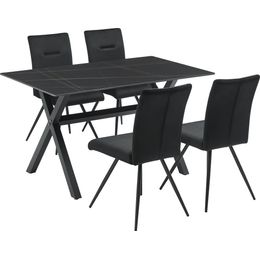 Essgruppe OTTO HOME "Arye", schwarz, schwarz,, Samtvelours, FSC-zertifizierter Holzwerkstoff, Keramik, Metall, Polyester, Polywood, Sitzmöbel-Sets, Samt- oder Strukturstoffbezug, Metallgestell, Tischplatte Sinterstein