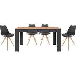 Essgruppe ByLiving "Kira", artisan eiche, schwarz, schwarz, eichefarbig, B:160cm H:75cm T:90cm, FSC-zertifizierter Holzwerkstoff, Kunststoff, Metall, Sitzmöbel-Sets, modernes Set mit 4 Stühlen in mehreren Farben und Größen erhältlich