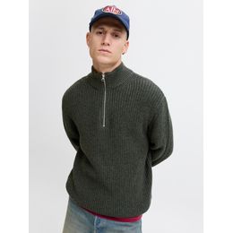 Jack & Jones Troyer JACK & JONES "JORBLEECKER KNIT HALF ZIP BF", Herren, Gr. L, forest river detail:schwarz, Strick, Obermaterial: 65% Polyacryl, 35% Baumwolle, unifarben, regular fit hüftlang, hoch geschlossener Ausschnitt, Rippbündchen, Pullover