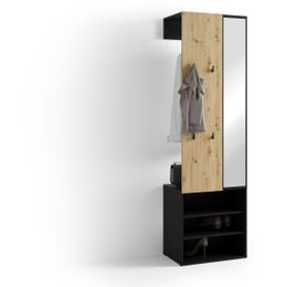 Kompaktgarderobe ByLiving "Dielen - Set Andorra", schwarz, artisan eiche, B:55cm H:187,5cm T:40,5cm, FSC-zertifizierter Holzwerkstoff, Glas, Kunststoff, Metall, Schränke, maximale Ordnung auf wenig Fläche mit Spiegel, Kleiderstange und Haken
