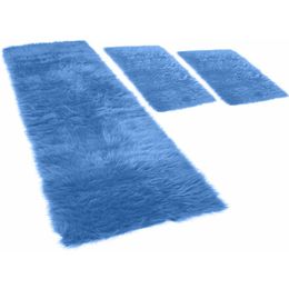 Kinzler Hochflor-Bettumrandung &raquo;Pireo&laquo; H&ouml;he 70 mm 3 Stk. tlg. L&auml;ufer-Set, Kunstfell, synthetischer Flokati, Uni-Farben, waschbar blau Obermaterial:...