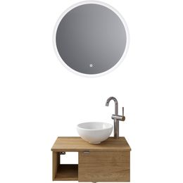 Badmöbel-Set SAPHIR "Serie 6915", braun (halifax eiche, halifax eiche), B:70cm H:200cm T:35cm, Kastenmöbel-Sets, Gäste-Bad, 70 cm breit, mit LED-Spiegel, offenem Fach und 1 Tür