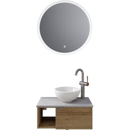 Badmöbel-Set SAPHIR "Serie 6915", grau (riviera eiche, oxid hellgrau), B:70cm H:200cm T:35cm, Kastenmöbel-Sets, Gäste-Bad, 70 cm breit, mit LED-Spiegel, offenem Fach und 1 Tür