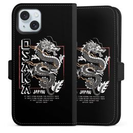 DeinDesign iPhone 15 Handy Klapph&uuml;lle Handyh&uuml;lle aus Kunst Leder schwarz Flip Case Ocean Dragon Japan Sideflip mit Lasche