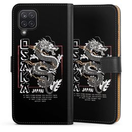 DeinDesign Galaxy A12 Handy Klapph&uuml;lle Handyh&uuml;lle aus Kunst Leder schwarz Flip Case Japan Dragon Ocean Sideflip mit langer Lasche