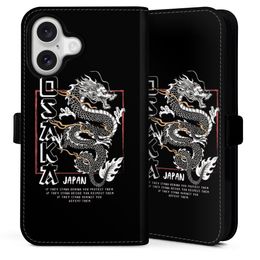 DeinDesign iPhone 16 Handy Klapph&uuml;lle Handyh&uuml;lle aus Kunst Leder schwarz Flip Case Ocean Dragon Japan Sideflip mit Lasche