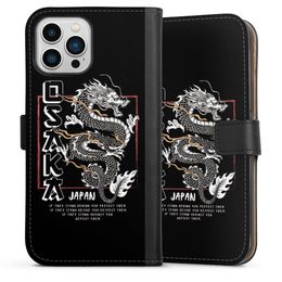 DeinDesign iPhone 13 Pro Max Handy Klapph&uuml;lle Handyh&uuml;lle aus Kunst Leder schwarz Flip Case Ocean Dragon Japan Sideflip mit langer Lasche