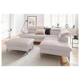 Polstergarnitur COTTA "Caluso L-Form", beige (fog,), B:254cm, NaturLEDER (echtes Rindsleder) in Sitz und Rücken. Korpus in passendem Kunstleder SOFTLUX bezogen;Microfaser PRIMABELLE (100% Polyester);Kunstleder SOFTLUX, Sitzmöbel-Sets, Set bestehend aus: Ecksofa mit Kopfteilverstellung & Hocker