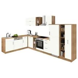 Winkelküche KOCHSTATION "KS-Colmar", weiß (küche: braun, korpus: wotaneichfarben, arbeitsplatte: wotaneichfarben), B:210cm T:360cm, Komplettküchen-Sets, mit E-Geräten, Stellbreite 210/360 cm
