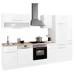 Küchenzeile KOCHSTATION "KS-Eton", weiß (küche: weiß, korpus: weiß, arbeitsplatte: eichefarben), B:300cm T:60cm, Komplettküchen-Sets, mit E-Geräten, Breite 300 cm