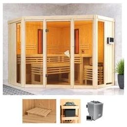 Sauna Karibu "Adele", beige (naturbelassen), Bio-Kombiofen, externe Steuerung, 9 kW, Saunen, 9-kW-Bio-Ofen mit ext. Steuerung, 2 Infrarot-Vitalight-Strahlern