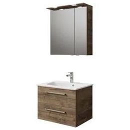 Badmöbel-Set SAPHIR "Serie 6025 2-teilig Mineralmarmor-Waschtisch mit LED-Spiegelschrank", braun (eiche ribbeck quer nb), B:67cm H:200cm T:48cm, Spanplatte, Kastenmöbel-Sets, Waschplatz 67 cm breit, 2 Schubladen, 2 Spiegel-Türen, inkl Türdämpfer