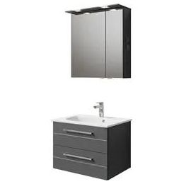 Badmöbel-Set SAPHIR "Serie 6025 2-teilig Mineralmarmor-Waschtisch mit LED-Spiegelschrank", grau (quarzgrau matt select), B:67cm H:200cm T:48cm, Spanplatte, Kastenmöbel-Sets, Waschplatz 67 cm breit, 2 Schubladen, 2 Spiegel-Türen, inkl Türdämpfer