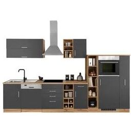 Küchenzeile KOCHSTATION "KS-Colmar", grau (küche: braun, korpus: wotaneichfarben, arbeitsplatte: wotaneichfarben), B:360cm T:60cm, Komplettküchen-Sets, mit E-Geräten, Breite 360 cm