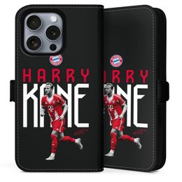 DeinDesign iPhone 16 Pro Max Handy Klapph&uuml;lle Handyh&uuml;lle aus Kunst Leder schwarz Flip Case Fc Bayern M&uuml;nchen Official Licensed Product Harry Kane Sideflip mit 