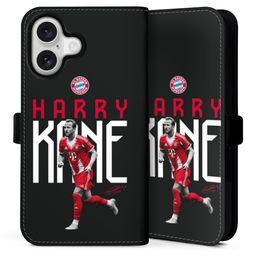 DeinDesign iPhone 16 Handy Klapph&uuml;lle Handyh&uuml;lle aus Kunst Leder schwarz Flip Case Fc Bayern M&uuml;nchen Official Licensed Product Harry Kane Sideflip mit Lasche