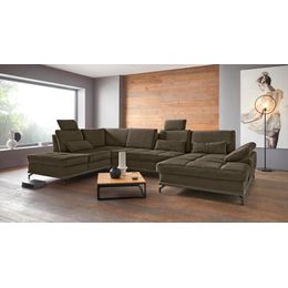 Wohnlandschaft Places of Style "Costello U-Form, B: 363 cm mit Sitztiefen-, Armteilverstellung &", grün (olive), B:363cm H:89cm T:223cm, 100% Polyester;Samtoptik (100% Polyester), Sofas, 3 Nierenkissen, optional Bettfunktion & Bettkasten