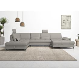 Wohnlandschaft Places of Style "Costello U-Form, B: 363 cm mit Sitztiefen-, Armteilverstellung &", grau (hellgrau), B:363cm H:89cm T:223cm, Luxus-Microfaser (90% Polyester, 10% Polyamid);Samtoptik (100% Polyester), Sofas, 3 Nierenkissen, optional Bettfunktion & Bettkasten