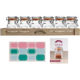 Gewürzbehälter Kilner, transparent, B:9cm H:9cm, Lebensmittelaufbewahrungsbehälter, Gewürzregal, Holzkasten, 6 x 70 ml, geeignet für Kräuter und Gewürze