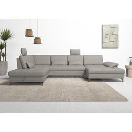 Wohnlandschaft Places of Style "Costello U-Form, B: 363 cm mit Sitztiefen-, Armteilverstellung &", grau (hellgrau), B:363cm H:89cm T:223cm, Luxus-Microfaser (90% Polyester, 10% Polyamid);Samtoptik (100% Polyester), Sofas, 3 Nierenkissen, optional Bettfunktion & Bettkasten
